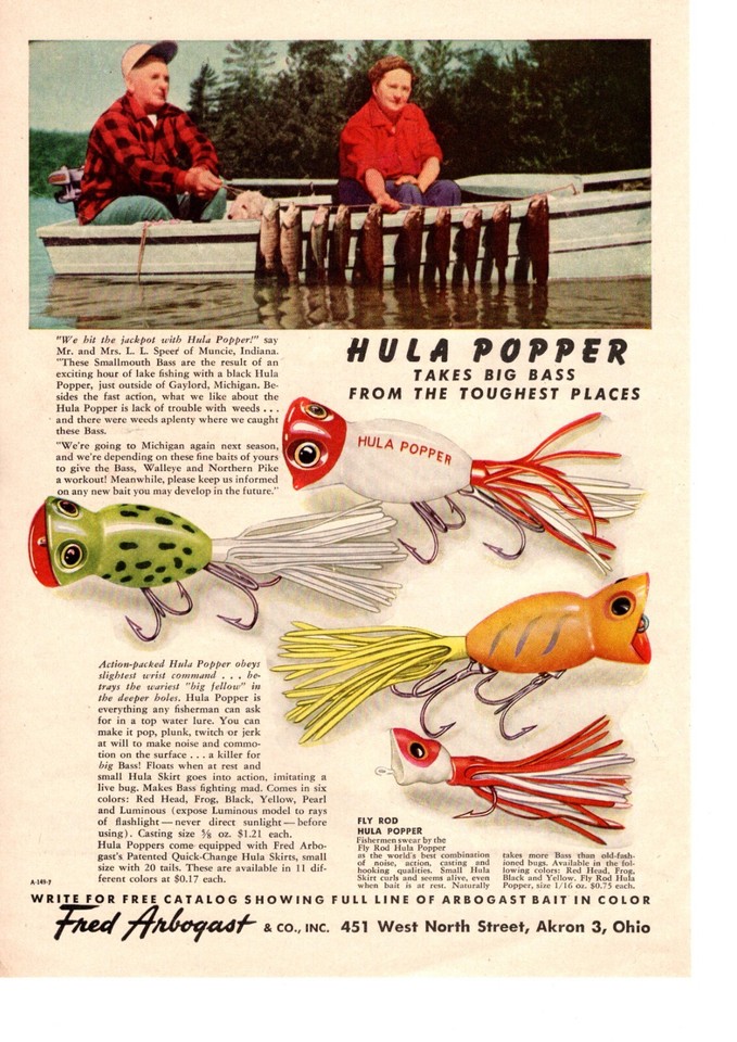 1949 ARBOGAST HULA POPPER LURE PRINT AD, LARGE COLOR FISHING LURE AD | eBay