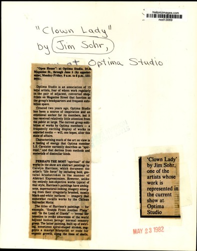 1982 Press Photo Jim Sohr's "Clown Lady" exhibited at Optima Studio ...