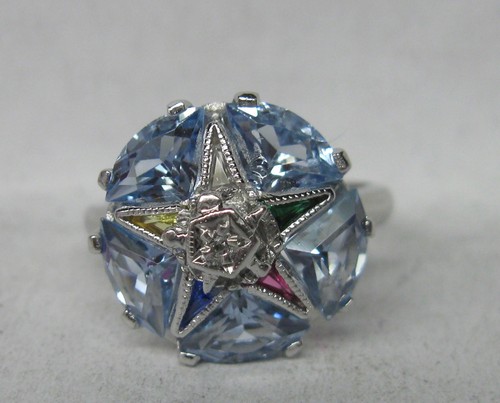 VINTAGE 10K WHITE GOLD BLUE TOPAZ DIAMOND EASTERN STAR RING SIZE 6 1/2 ...