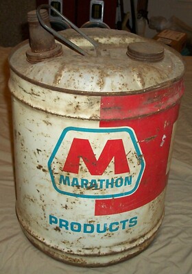 VINTAGE MARATHON FIVE GALLON EMPTY OIL, GAS CAN FARM ESTATE SALE FIND ...