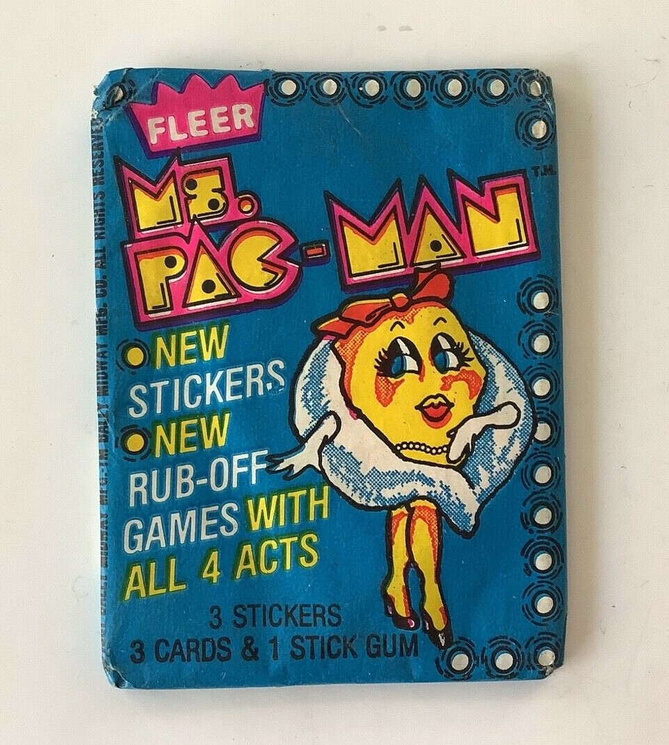 FLEER MS. PAC-MAN CARDS + STICKERS + GUM PACK SEALED rub-off games in 4 ...