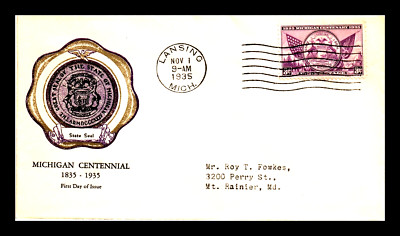 775 3c Stamp (1935) MICHIGAN CENTENARY FDC FROM F. R. RICE - PLANTY 775 ...