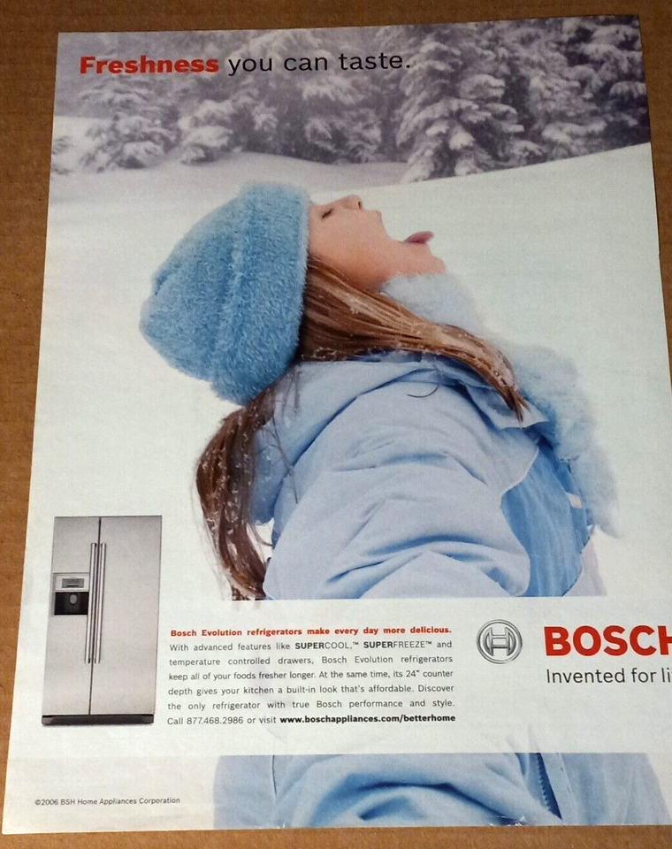 2006 print ad - Bosch appliances CUTE little girl snowflakes tongue ...