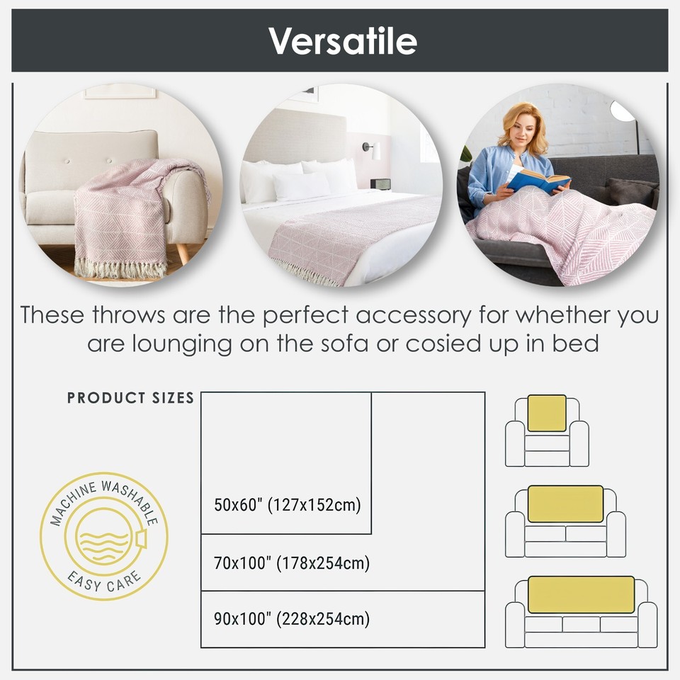 Throw Blanket for Sofas Couch Bed Runner Scandi Woven Soft Cotton Zahra ...