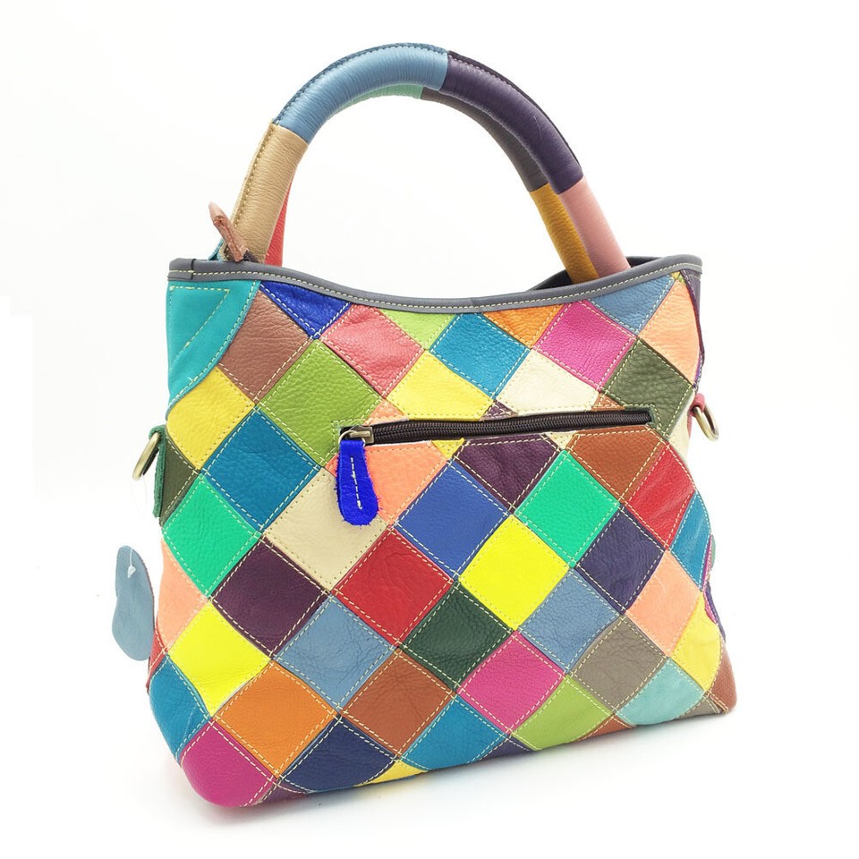 Multicolor Patch Real Leather Raw Edge Tote Shoulder Bag Purse ...