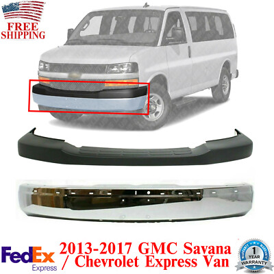 Front Chrome Steel Bumper + Upper Cover For 2003-17 Chevy Express Van ...