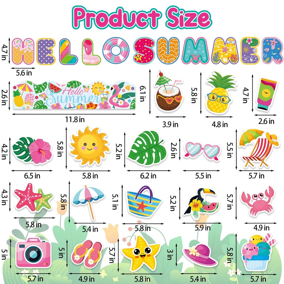 58Pcs Summer Bulletin Board Decorations Set Hello Summer Cutouts ...