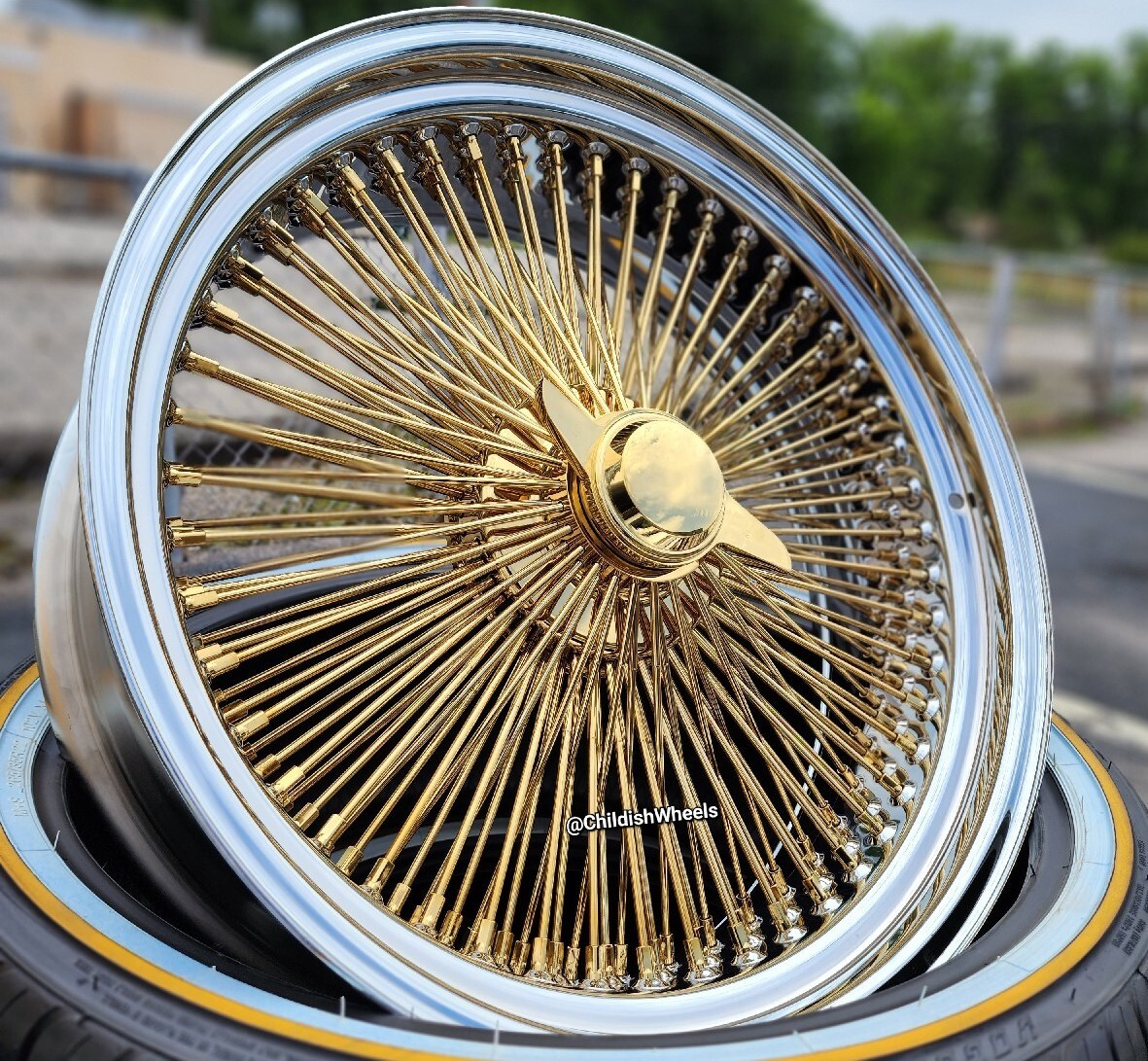 20" Inch All Gold CENTER Chrome Lip 150 Spoke Wire Wheels Rims Spokes ...