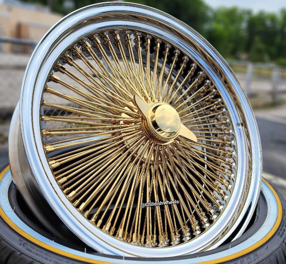 20" Inch All Gold CENTER Chrome Lip 150 Spoke Wire Wheels Rims Spokes ...