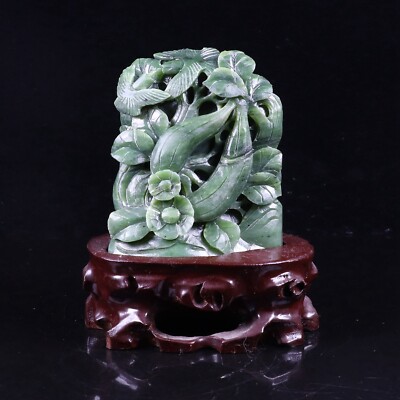 Chinese Natural Hetian Jade Jasper Hand-carved Flower Bird Statue ...