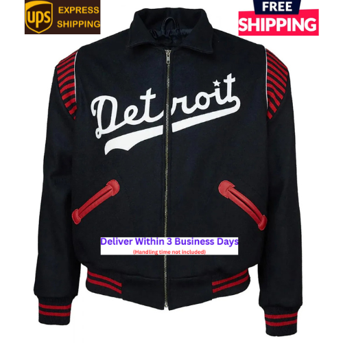 Detroit Stars Black Wool Full-Zip Varsity Men's Letterman Team Bomber ...