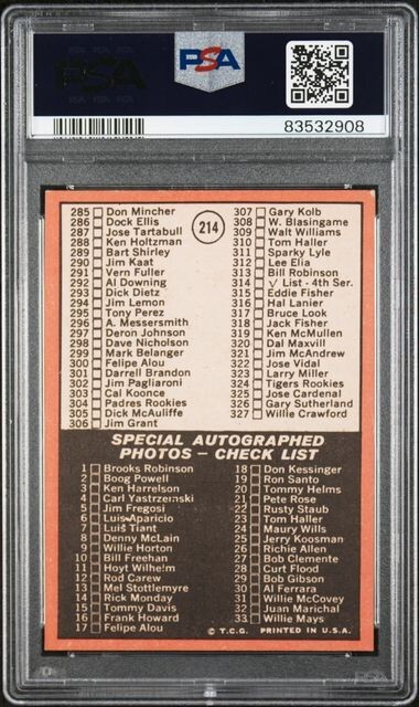 1969 Topps Baseball Unmarked 3rd Series Checklist 219-327 Card #214 ...