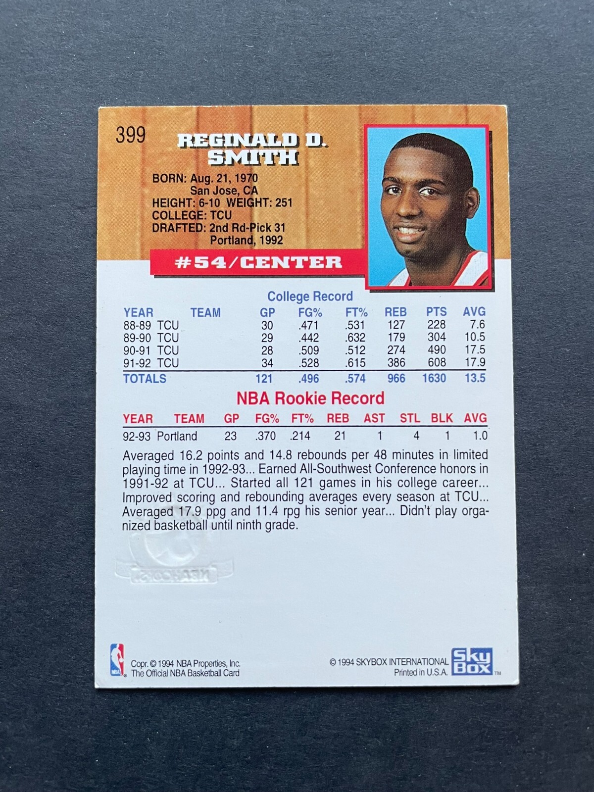 1993-94 NBA Hoops 5th Anniversary Reggie Smith Card #399 Portland Trail ...