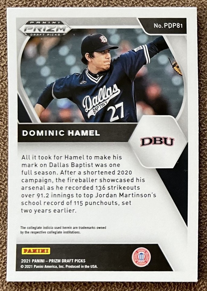 Dominic Hamel 2021 Panini Prizm Draft Picks Rookie #PDP81 New York Mets ...