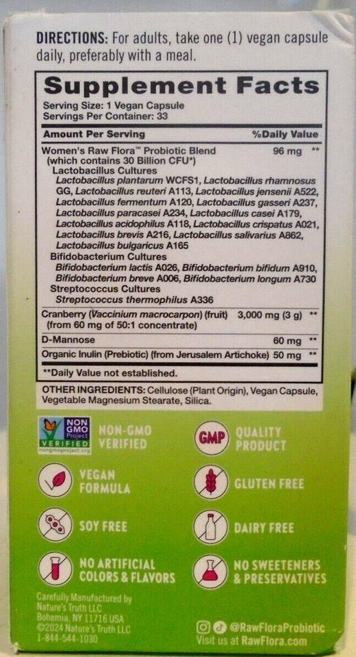 Nature’s Truth Women’s Care Raw Flora Probiotic-18 30 Billion 33 ...