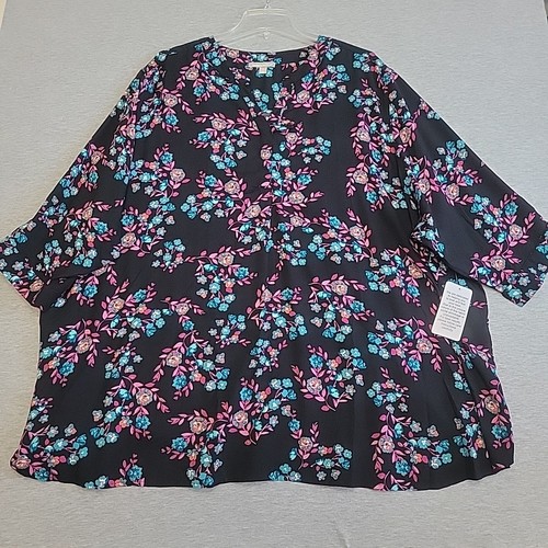 Woman Within 5X 38/40 Floral Tunic Blouse Black Pink Teal Short Sleeves ...