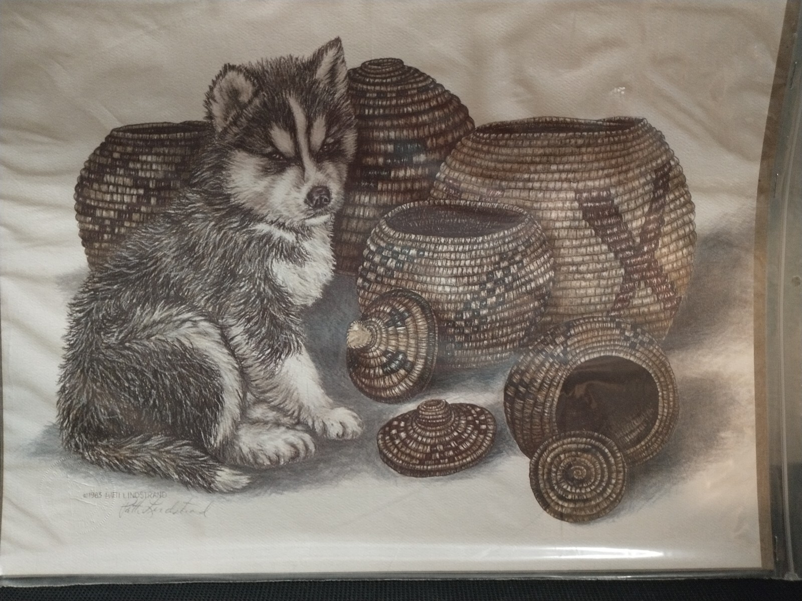 Patti Lindstrand Signed Print 1983 Basket Sentinel 12"x16” Alaska Husky ...