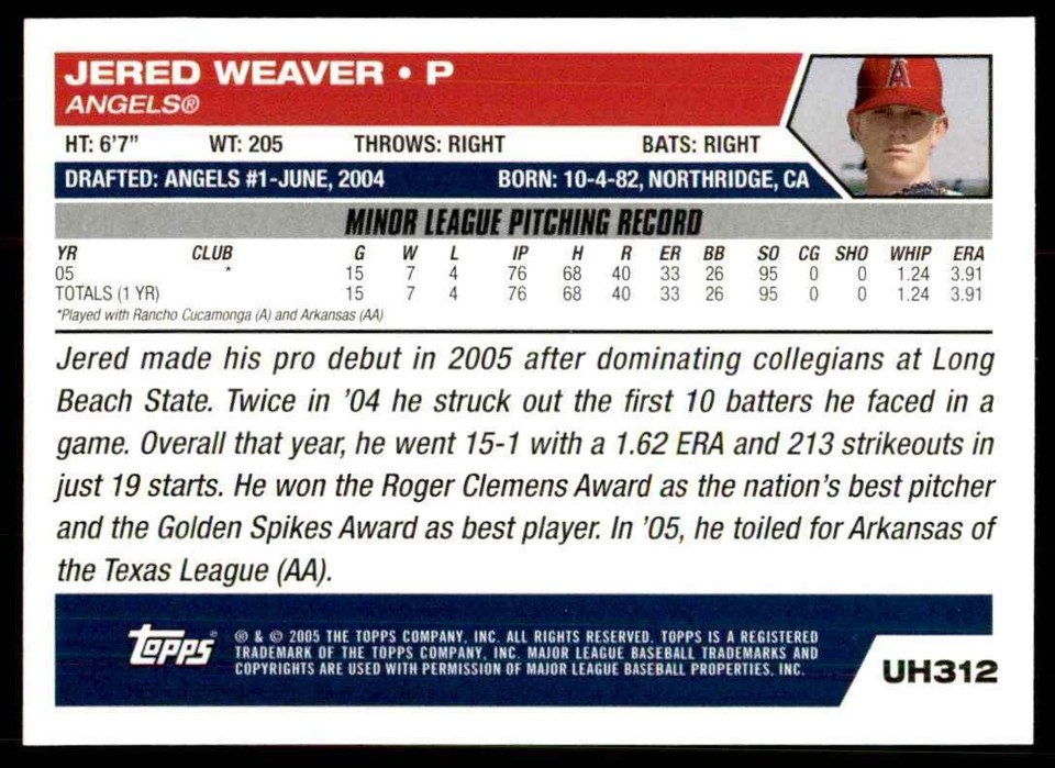 2005 TOPPS UPDATES & HIGHLIGHTS JERED WEAVER LOS ANGELES ANGELS #UH312 ...