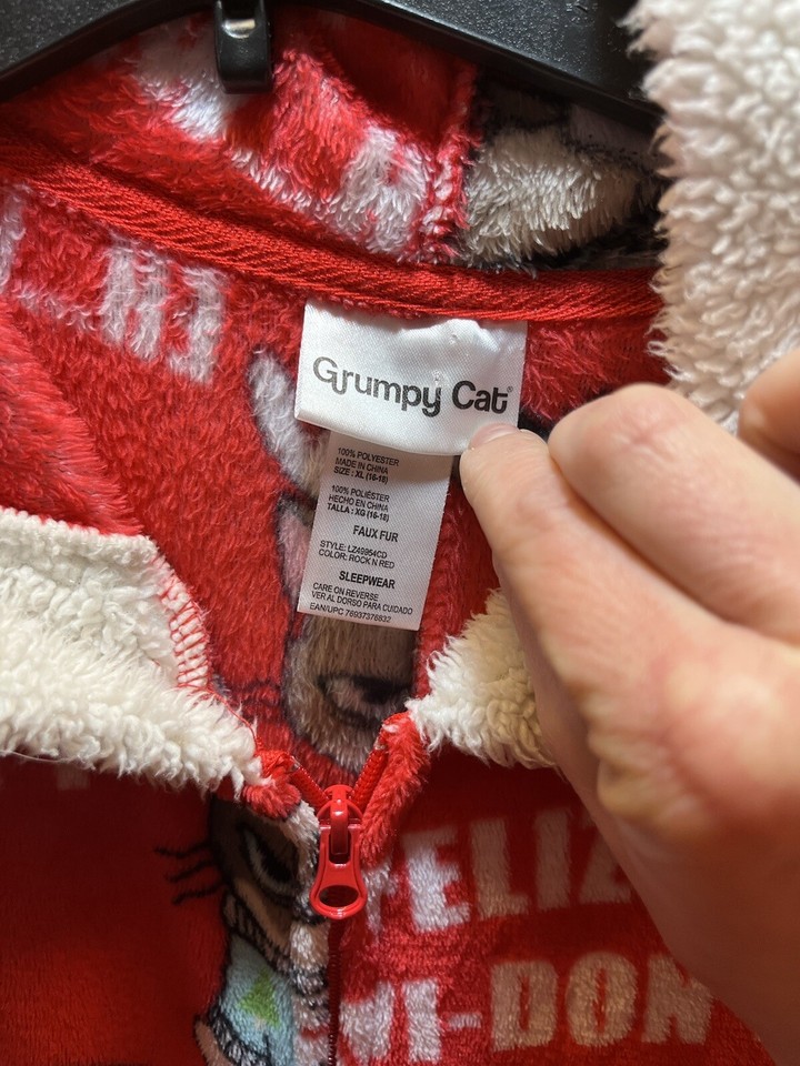 Grumpy Cat Hooded One Piece Fleece Pajama Outfit Red/Multi Size XL (16/ ...