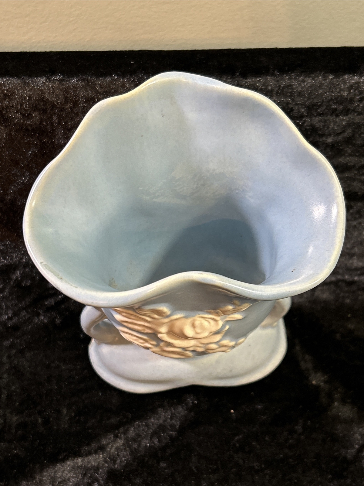 7" Tall Vintage Cameo Blue WELLER Pottery Art Vase w/Two Chips at Back ...