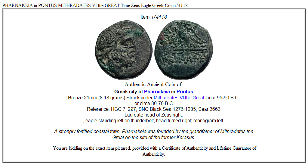 PHARNAKEIA in PONTUS MITHRADATES VI the GREAT Time Zeus Eagle Greek ...