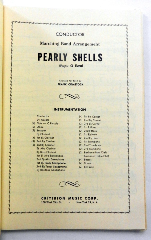 Sheet Music PEARLY SHELLS Marching Band PuPu O Ewa Swinging HULA Hawaii ...