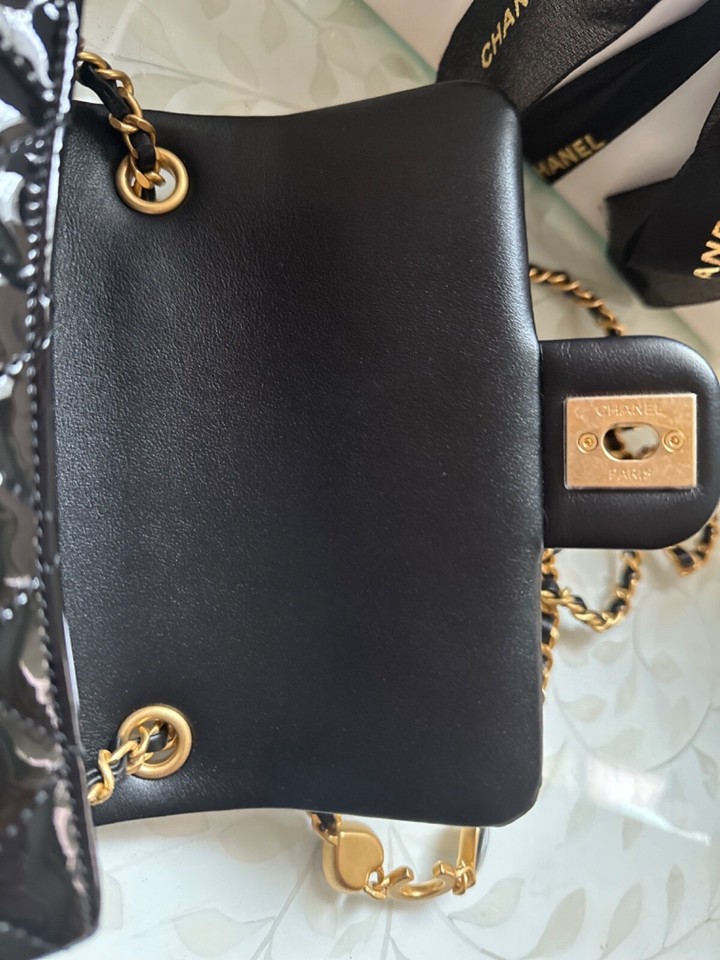 New 22K CHANEL Quilted Patent Leather Mini Flap Bag Gold COCO Chain ...
