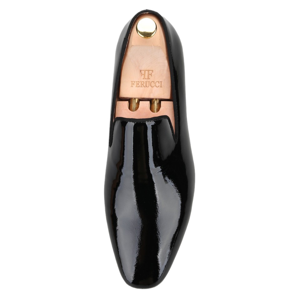 FERUCCI Plain Black Patent Leather Slippers loafers Wedding Prom Shoes ...