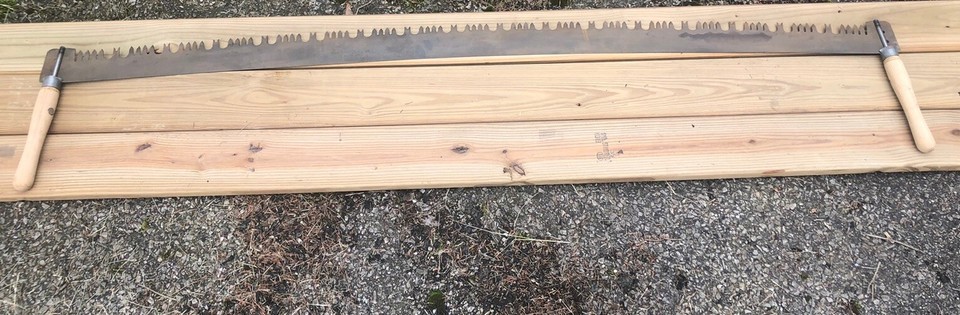 VINTAGE 2 MAN CROSSCUT THIN LOGGING SAW WITH AMISH MADE SHORT WOODEN ...