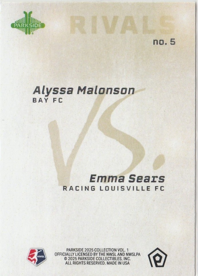2025 Parkside NWSL VOL 1 Rivals Malonson/Emma Sears #5 Bay FC ...