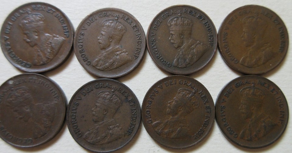 Set of Canada Small Cents George V 8 Coins 1920, 28, 29, 1932-36 ...
