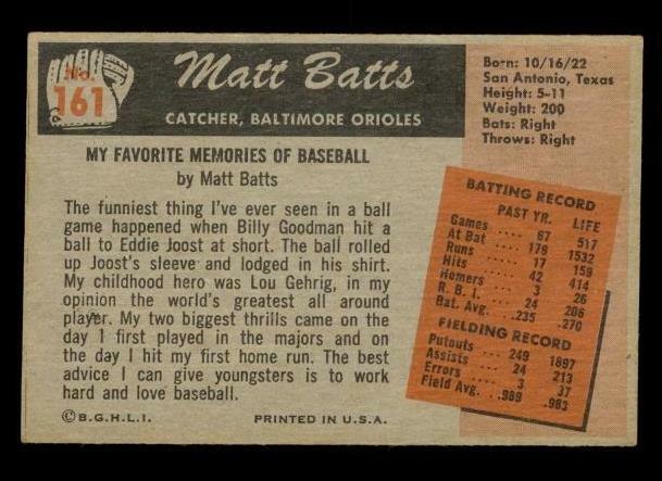 Vintage 1955 BASEBALL Card BOWMAN #161 MATT BATTS Catcher Baltimore ...
