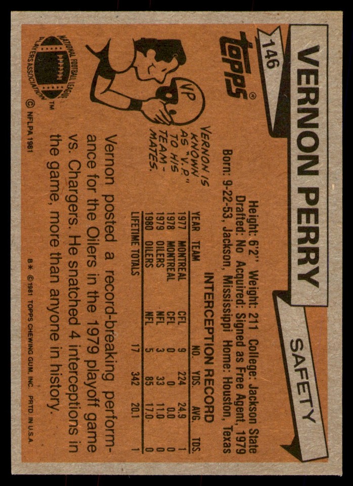 1981 Topps #146 Vernon Perry Rookie Houston Oilers RC Card | eBay