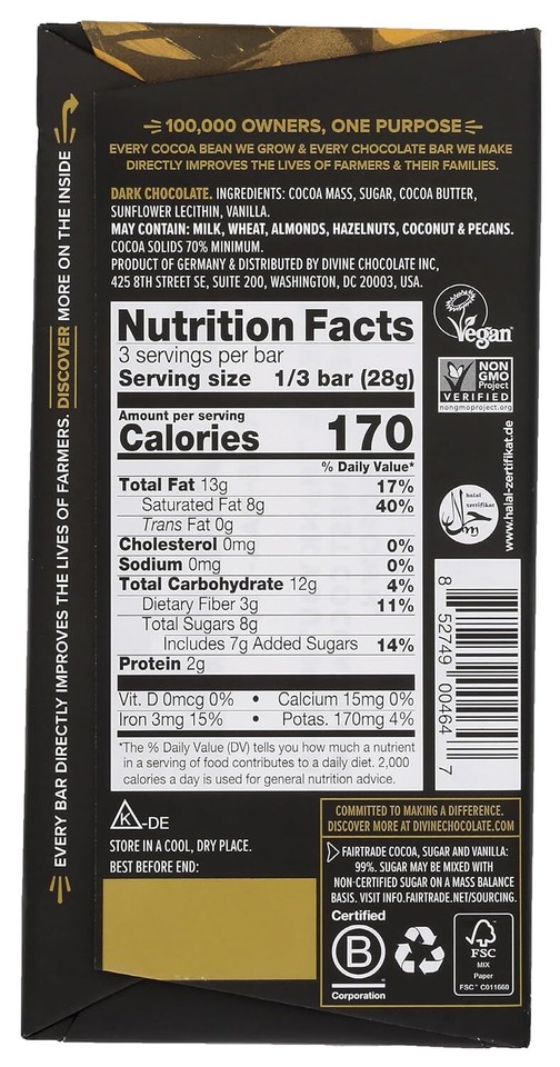 Divine Chocolate Deliciously Smooth Dark Chocolate 70% Cocoa 3 Oz Pack ...