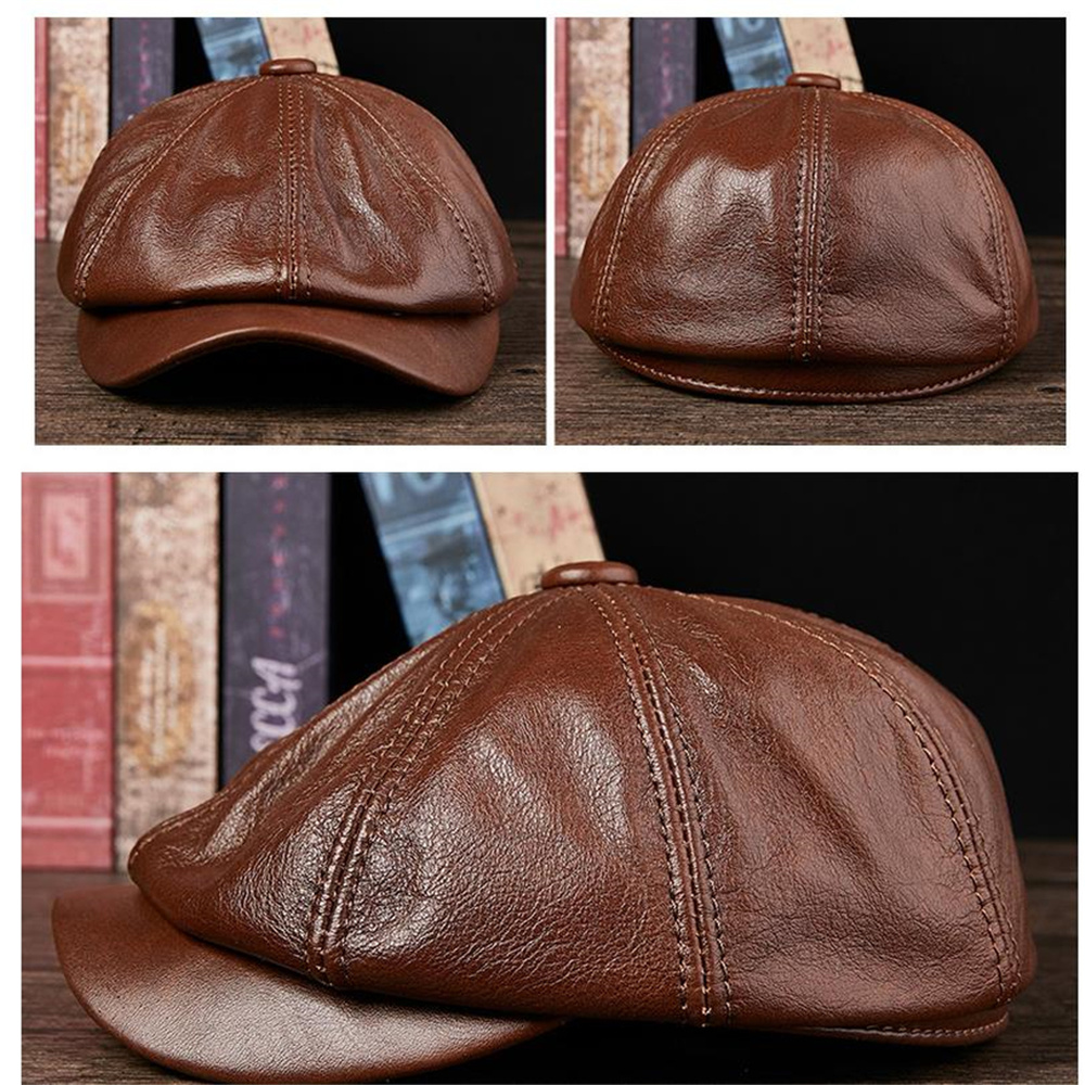 Genuine Leather Newsboy Cap Men Winter Black Octagonal Cap For Men Flat ...
