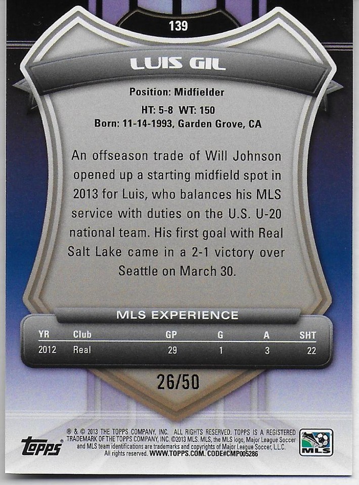 2013 Topps BLUE LUIS GIL Real Salt Lake Orlando City Queretaro AC St ...