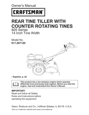 Owner’s Manual Sears Craftsman 825 Series Rear Tine Tiller - Model 917. ...