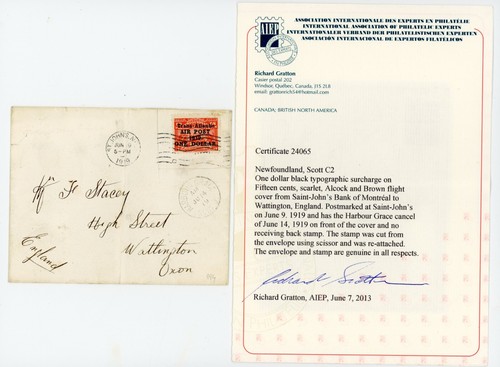 P39/14/RC CANADA 1919 ALCOCK & BROWN FLOWN COVER CERTIFICATE STAMP ...