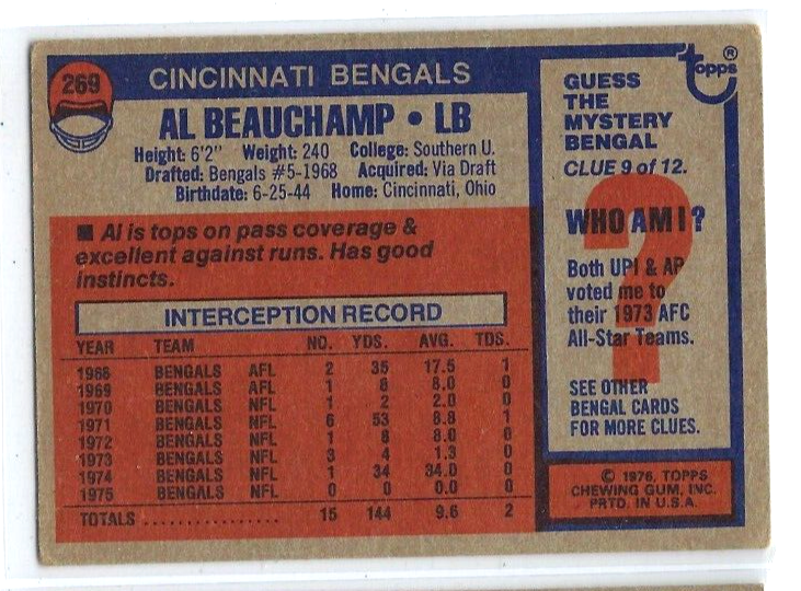 1976 Topps Football #269 - Al Beauchamp - Cincinnati Bengals | eBay