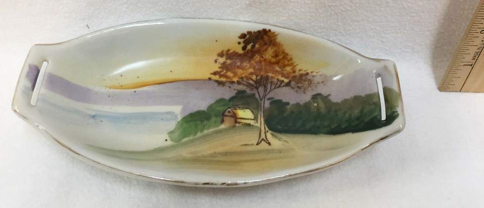 Trinket Candy Serving Bowl Dish Hand Painted Farm Barn Oak Tree Sunset ...