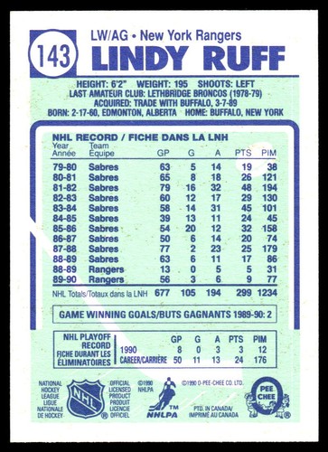 1990-91 O-Pee-Chee #143 Lindy Ruff New York Rangers Hockey Card | eBay