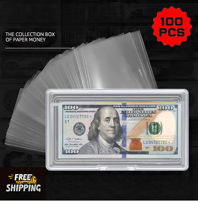 100Pcs Clear Paper Money Sleeves & Holders with Storage Case for Dollar ...