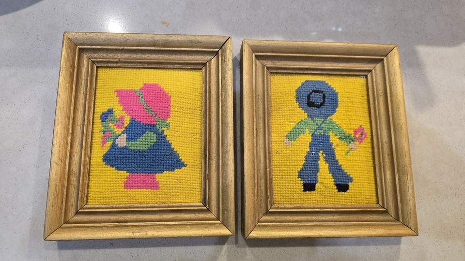 VTG 1974 Needlepoint Boy & Girl Room Framed Art Set Cottagecore Nursery ...