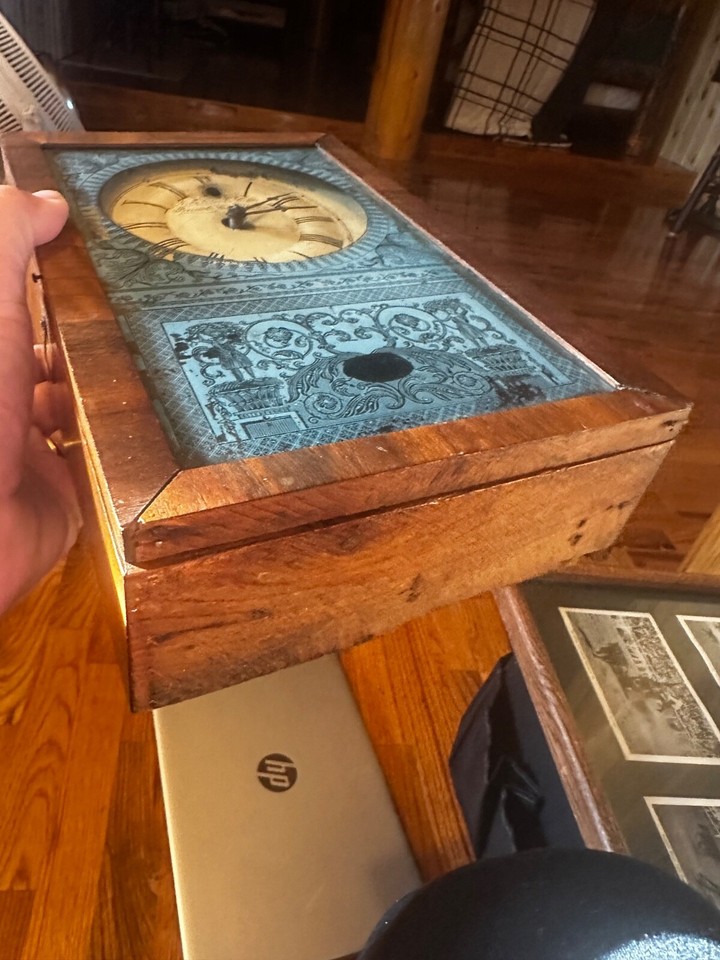 RARE 1850 CIGAR BOX ANTIQUE NEW ENGLAND CLOCK CO COTTAGE SHELF MANTLE ...