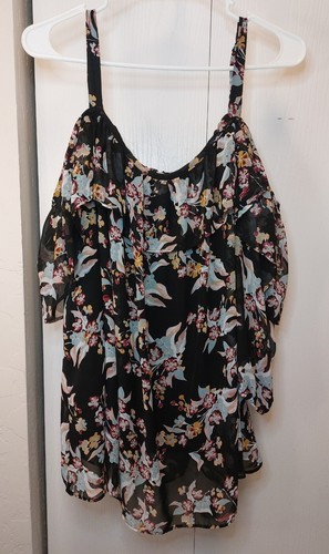 Boutique Sheer Cold Shoulder Size 2X Lined Flowy Floral Top Ruffle Boxy ...