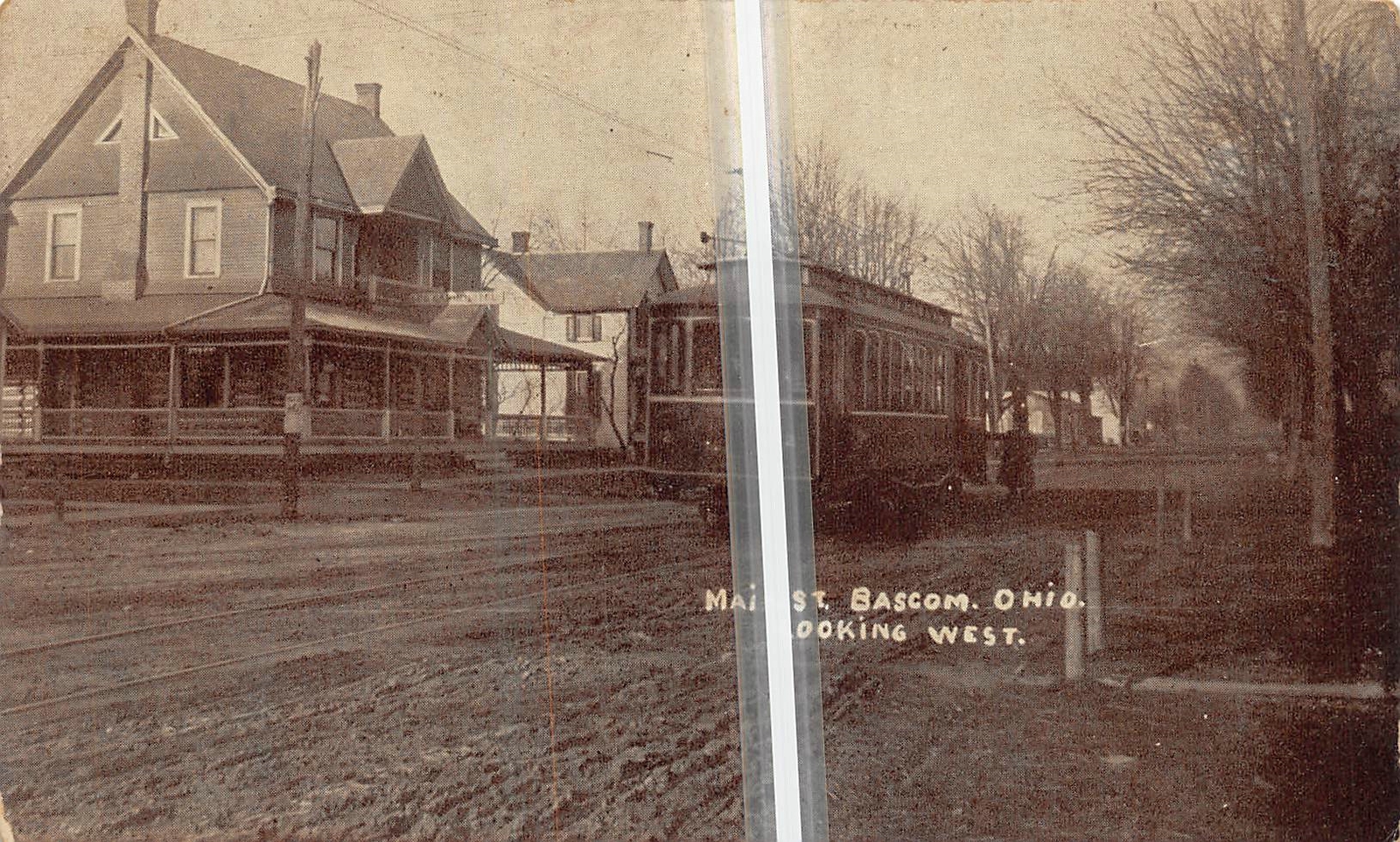 BASCOM Ohio postcard Seneca COunty trolley interurban Main Street homes ...