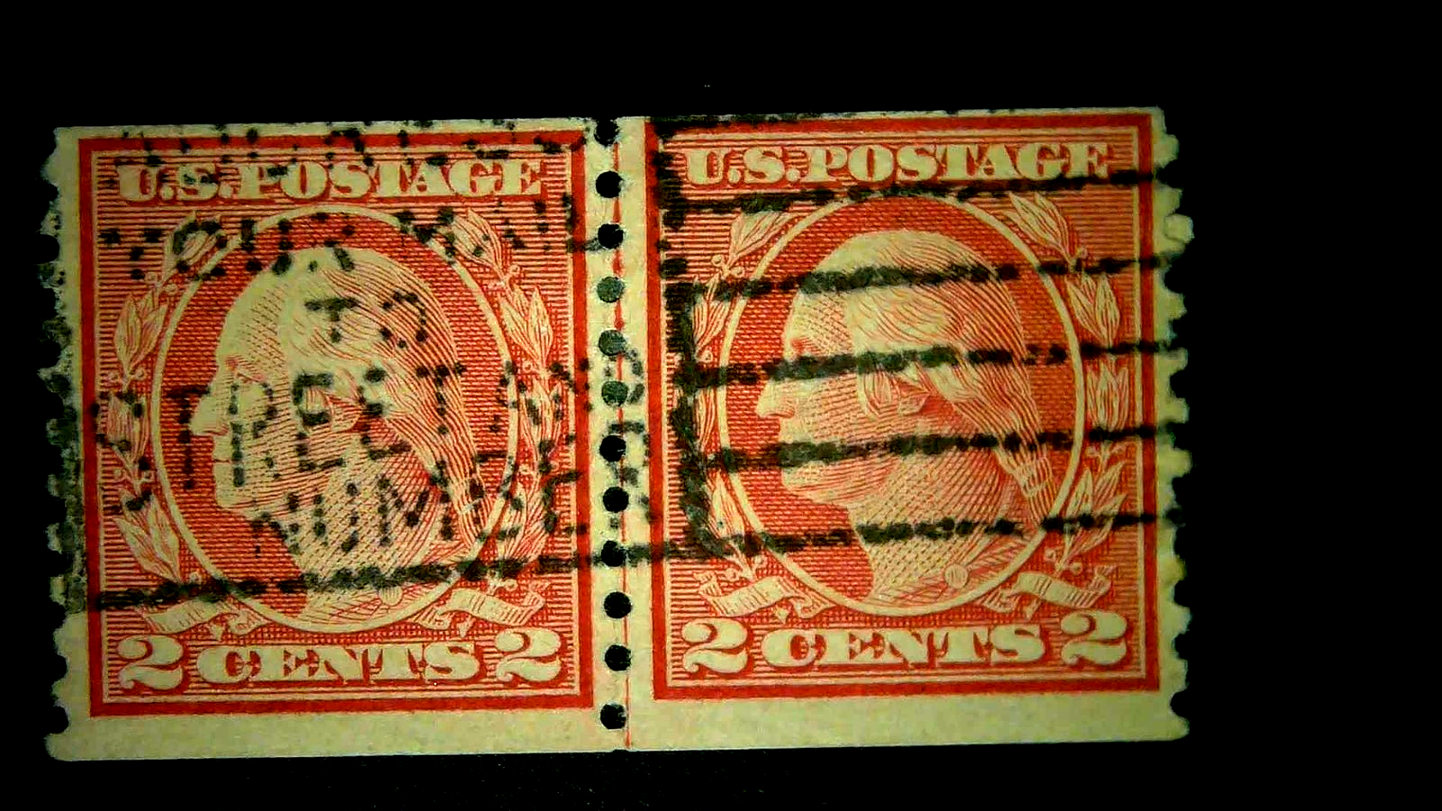 U S Stamps Scott 492 two cent Washington used joint line coil pair cv ...