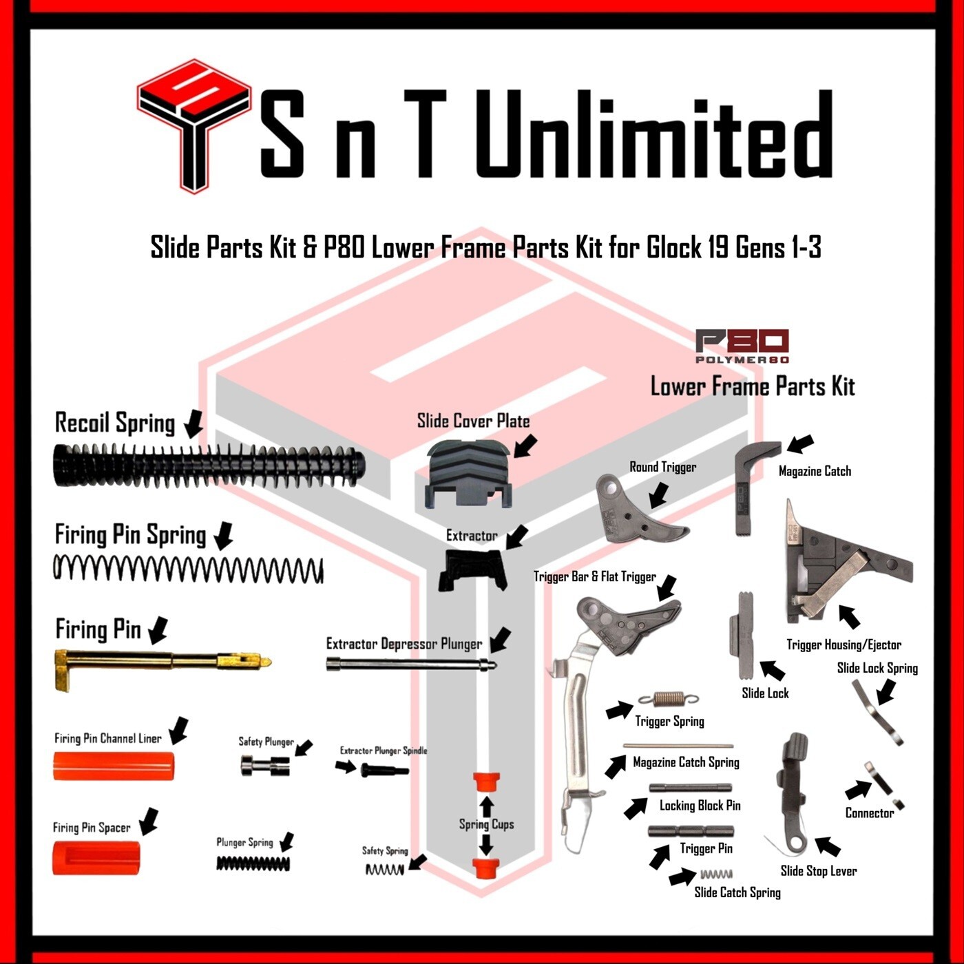 For Glock 19 Slide & Kit - Complete frame &Upper & Lower slide kit fits ...