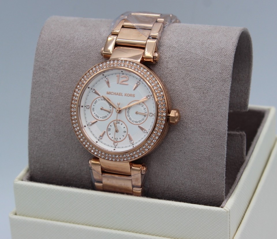 NEW AUTHENTIC MICHAEL KORS PARKER CHRONO ROSE GOLD CRYSTALS WOMEN'S ...