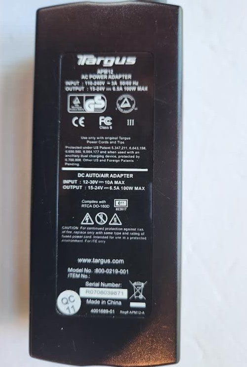 TARGUS Universal AC Laptop Power Supply adapter Charger 100W 15-24V AC ...